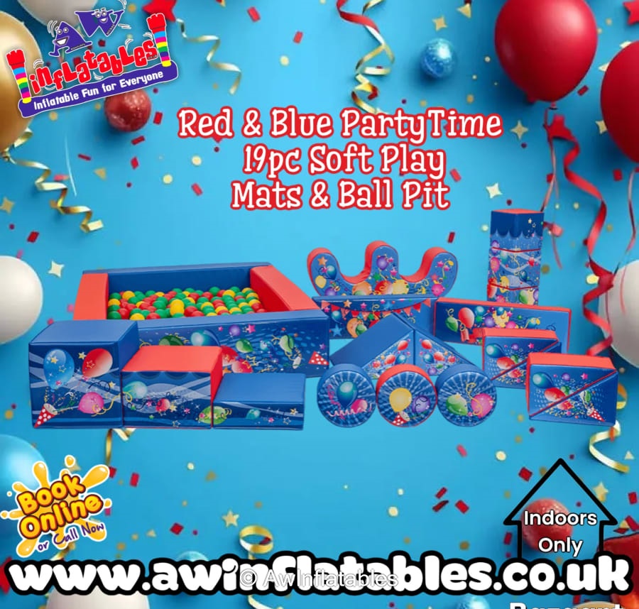 19pc Red & Blue PartyTime Theme Soft Play, Mats & Ball Pit - Bouncy ...